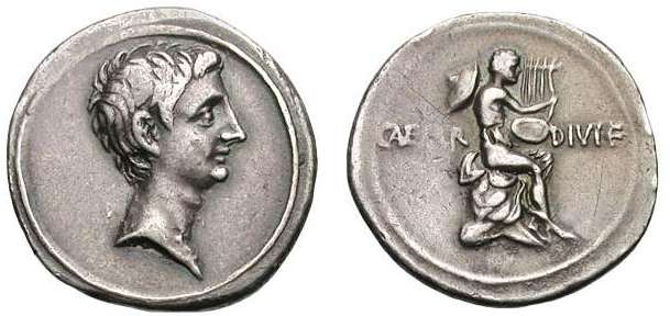 Octavian Denarius. Brundisium mint (?), 32-29 BC. Bare head right ...