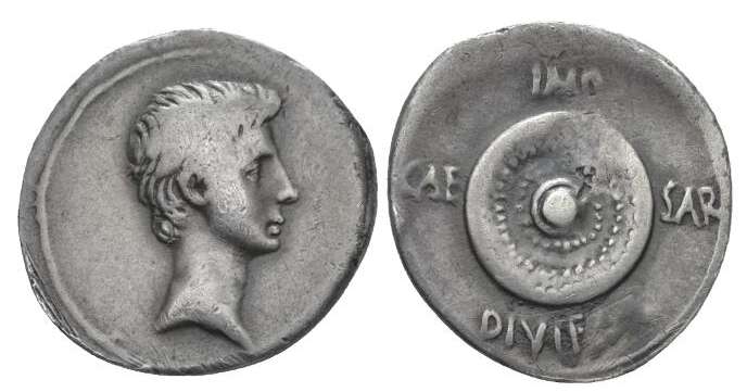 Octavian Denarius. Spanish mint, ca 31-29 BC. Bare head right / IMP ...