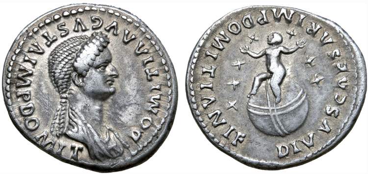 Domitia Denarius. Rome, 82-83 AD. DOMITIA AVGVSTA IMP DOMIT, draped ...