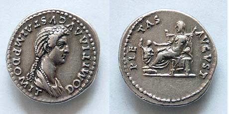 Domitia AR Denarius. 82-83 AD. DOMITIA AVGVSTA IMP DOMIT, draped bust ...