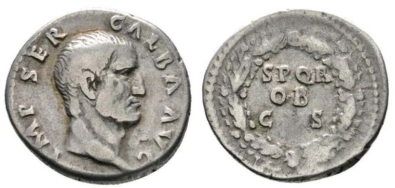 Galba Denarius. IMP SER GALBA AVG, bare head right / SPQR OB CS, legend ...