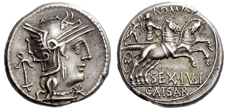 Sextus Julius Caesar Denarius. 129 BC. Helmeted head of Roma right ...
