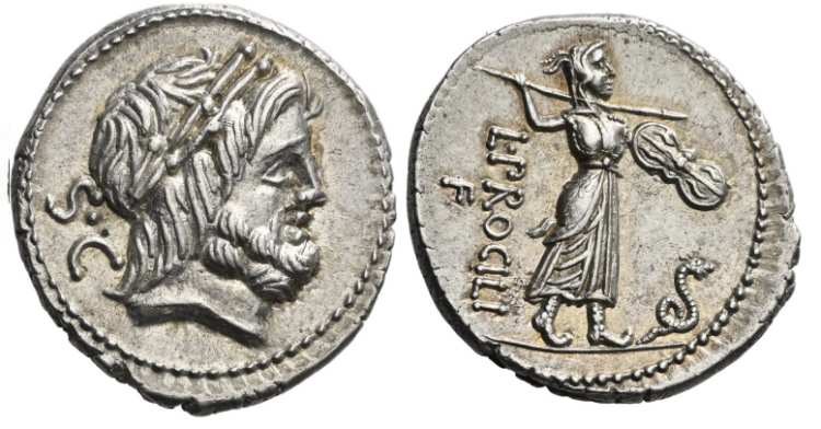L Procilius Denarius. 80 BC. Bust of Jupiter right, SC behind / L ...